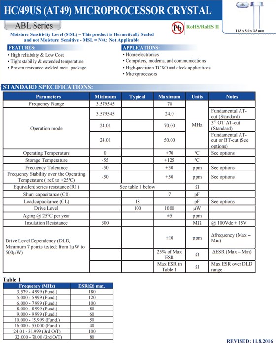 美国艾博康进口高性能晶振abl Abls 20 000mhz B4 T插件晶振